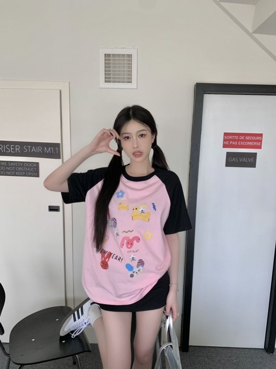 여자 핑크 루즈핏 오버핏 롱 박스 5부 반팔티 토끼 귀여운 나그랑 배색 박시 반팔