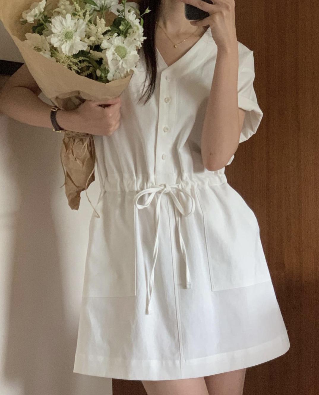 버베인 린넨 인디고 데님 원피스 코튼 반팔 브이넥 셔링 미니 ops (2col)