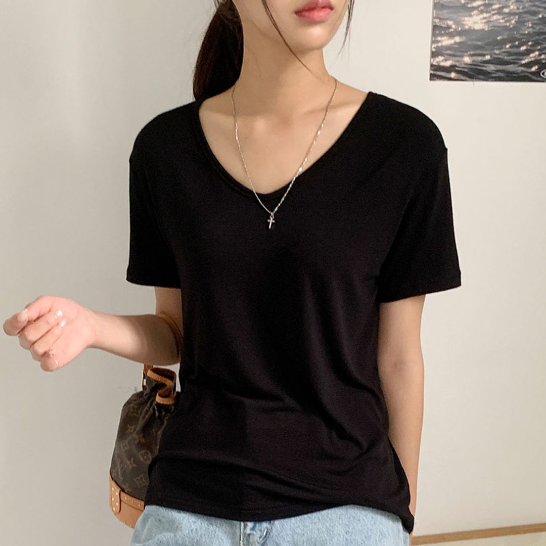 포스티 Sconetail 레이온 브이넥 데일리 반팔 티셔츠
