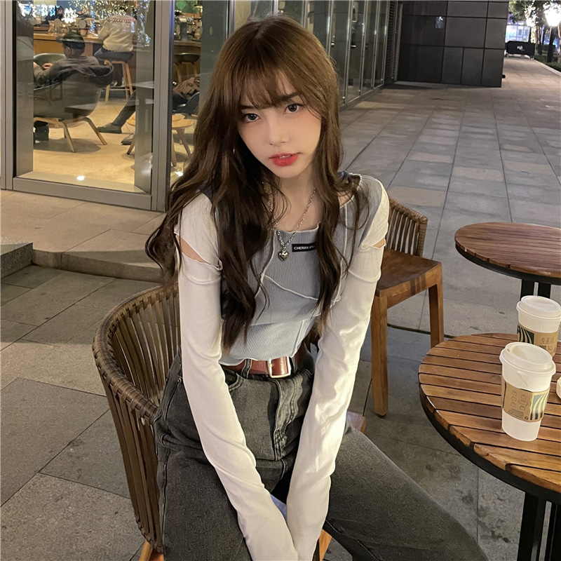 하프닌 톨러 어깨 트임 블루 그라데이션 배색 패치 여리 슬림핏 딱붙는 데일리 캐주얼 유니크 스트릿 Y2k 긴팔 크롭 티셔츠