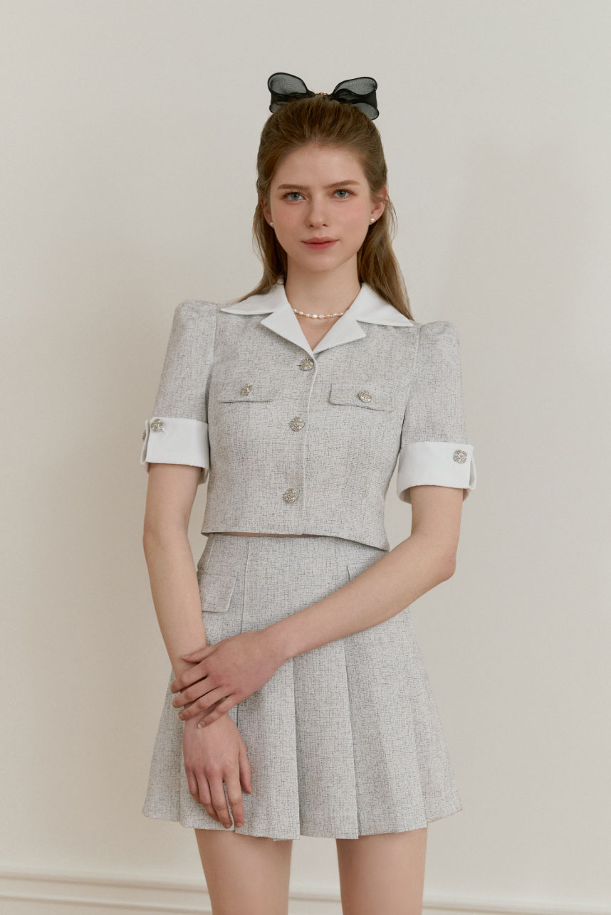 델핀 Set 커프스 트위드 자켓 트위드 플리츠 스커트 투피스 라이트 그레이