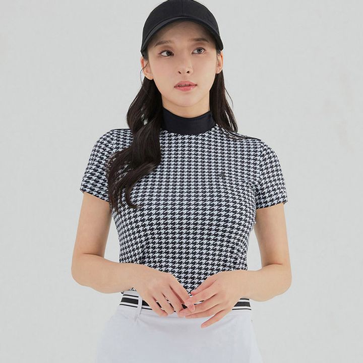 포스티 역시즌 여성 지도리 패턴 어깨 테잎 하이넥 반팔 티셔츠 Rwthl6152 199