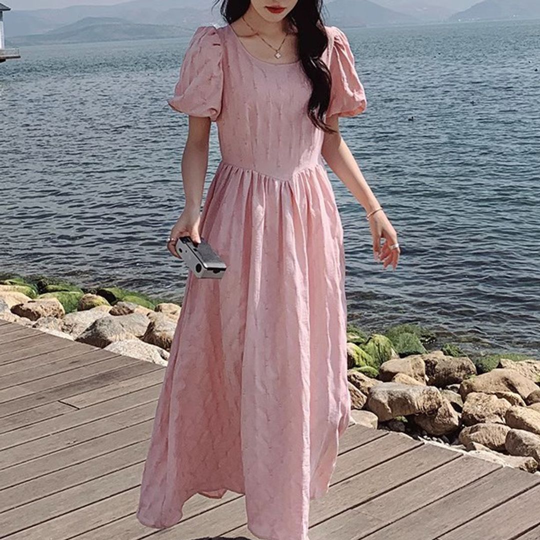 스타일아유 여성 여름 프렌치 라운드 고급 롱 원피스 퍼프소매 단정한 슬림핏 Op1515