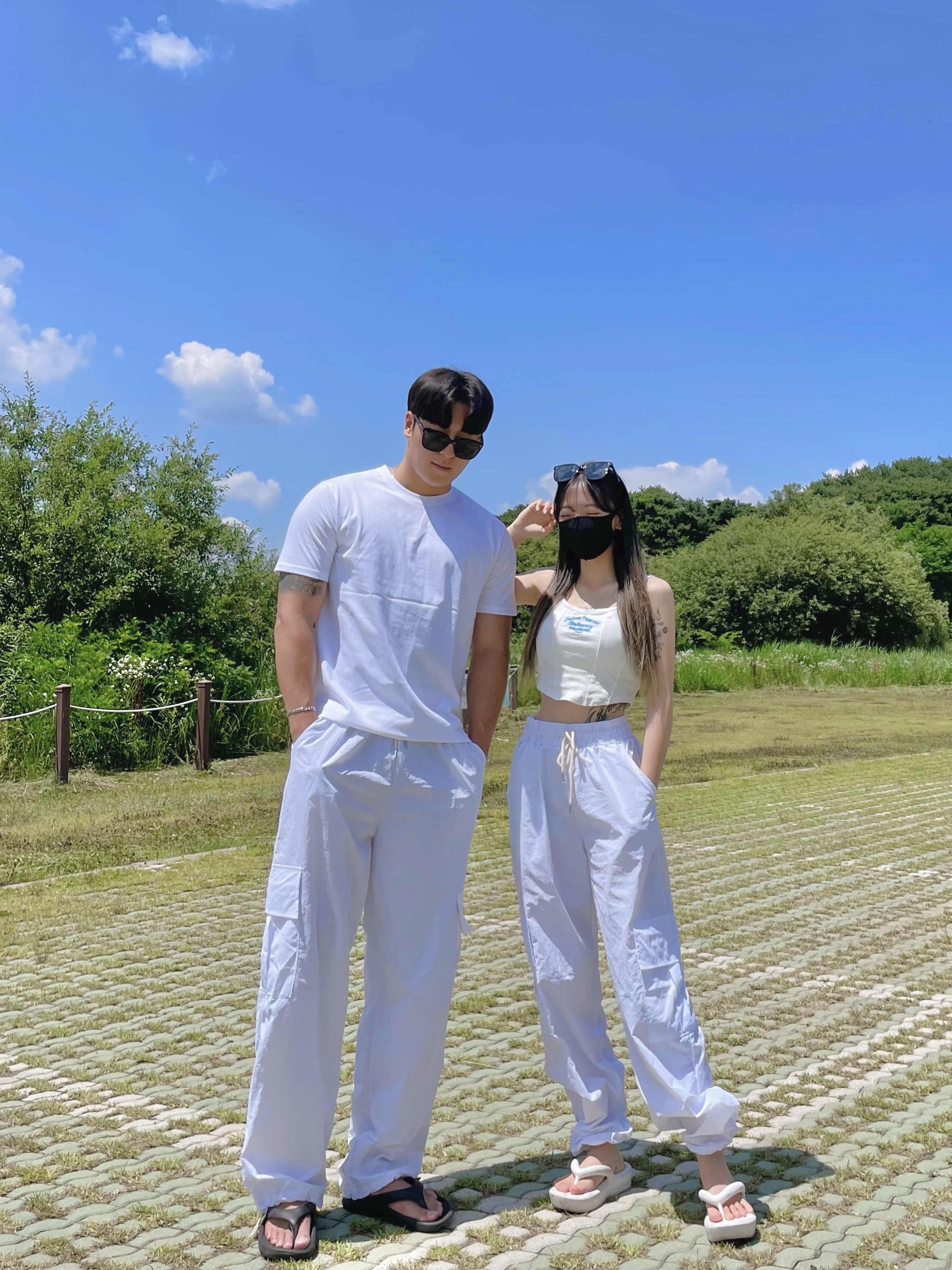 비바블 M~l6컬러 바스락 카고 와이드 팬츠 나일론 스트링 조거 팬츠 여름 커플룩 커플바지 밴딩 여름 긴바지 방수 Y2k 트레이닝 세트 시밀러룩 남녀공용 빅사이즈 일자