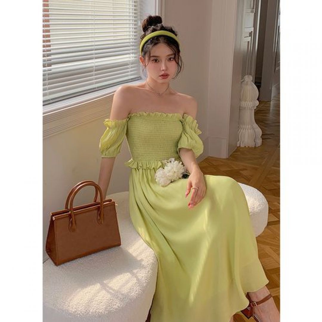 플리츠 주름지 오프숄더 프릴 러플 스모크 셔링 롱 여름 원피스 연두