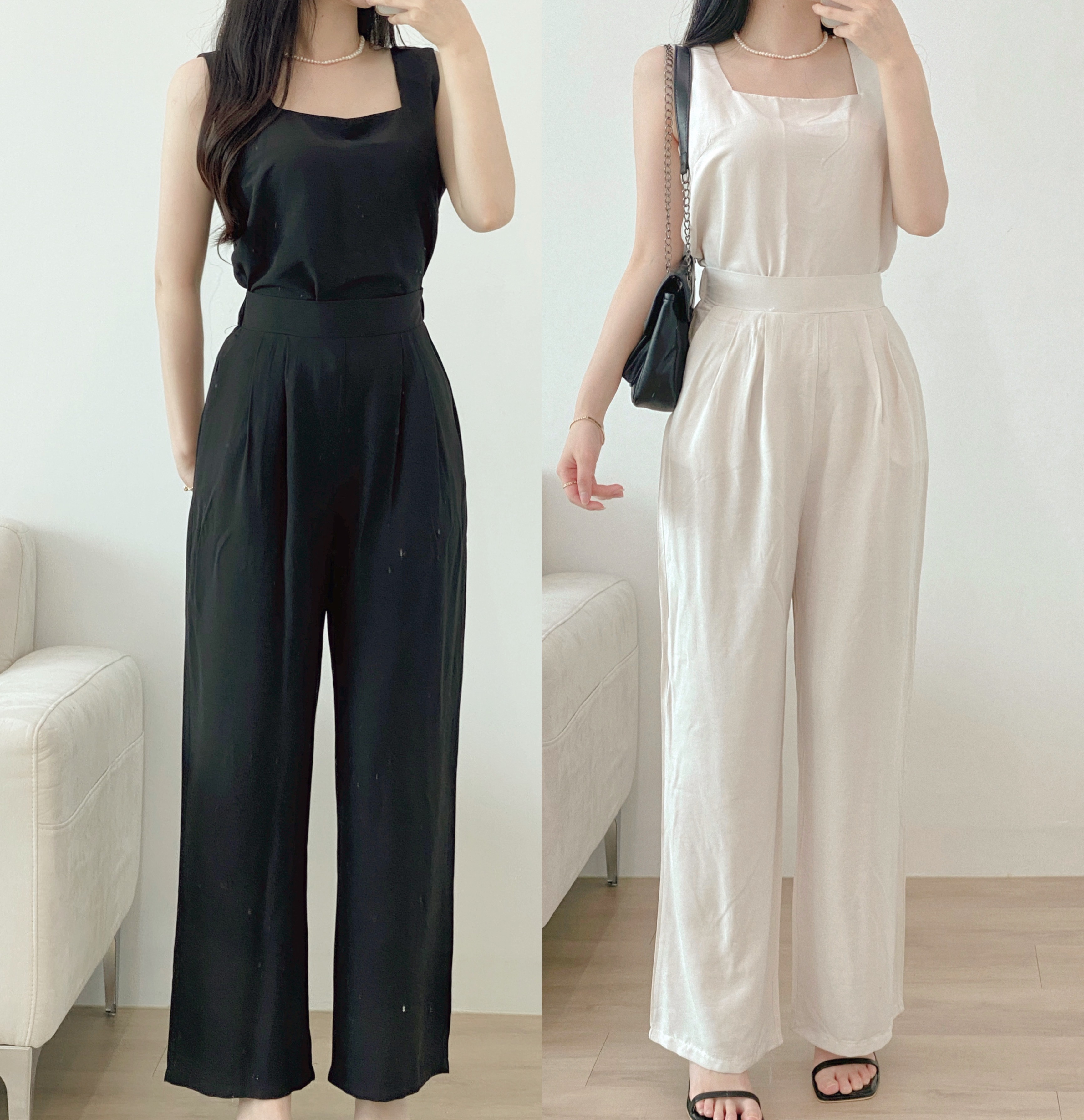 엔더쥬 Set가격쿨소재 여름 민소매 와이드 밴딩 슬랙스 투피스 점프수트 세트2color 여름투피스투피스세트여리핏데이트룩휴가룩바캉스제주도점프수트쿨소재팬츠