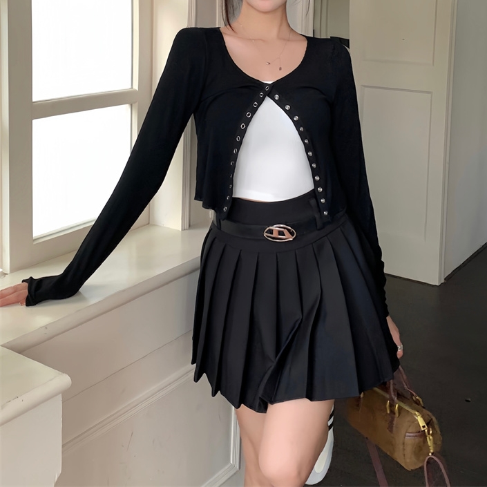 코디세트스퀘어넥 슬림 슬리브리스오프숄더 버튼 슬림 가디건하이웨스트 A라인 핀턱 플리츠 미니스커트 세트 Ag115053e