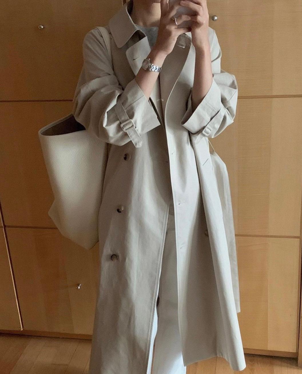 monique 모니크 클래식 더블 트렌치 코트 코튼 긴팔 카라 스트랩 롱 (2col)