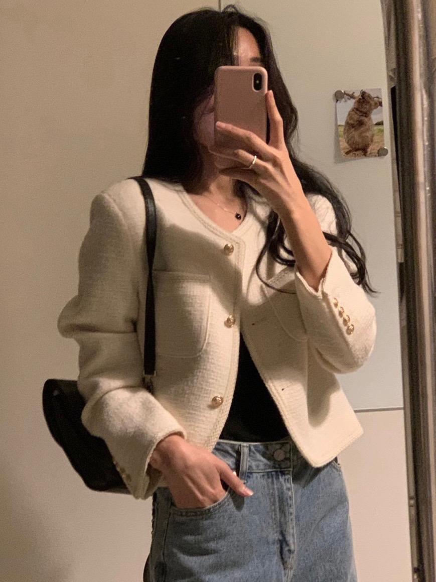 나우어데이즈 베르가못 빌리 트위드 자켓 울 긴팔 노카라 싱글 숏 jk (2col)