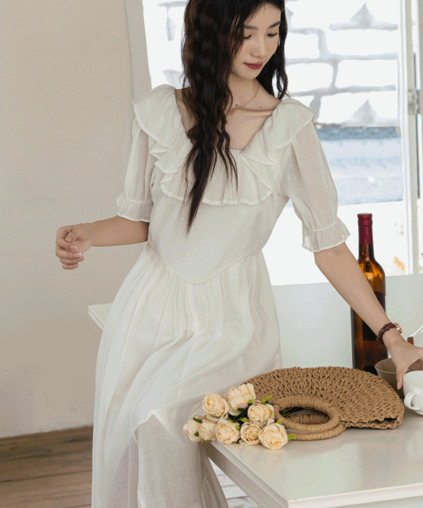 로맨틱 쉬폰 플레어 반팔 롱 원피스 스퀘어넥 레이스 카라 시스루 세미퍼프 소매 롱 더블레이어드 보헤미안 원피스 데이트스냅 프로필촬영 20대 30대 40대 롱원피스 셀프웨딩