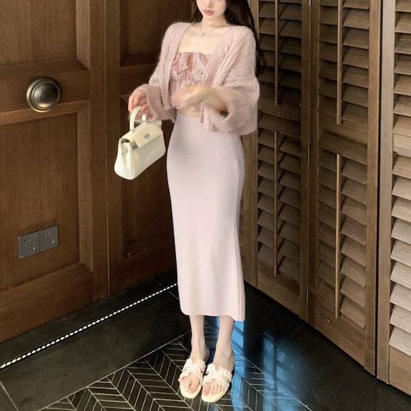 코디세트프릴 디테일 스퀘어넥 크롭 슬리브리스꽈배기 짜임 루즈핏 브이넥 니트 가디건슬림 머메이드 롱스커트 세트 Ag115955e