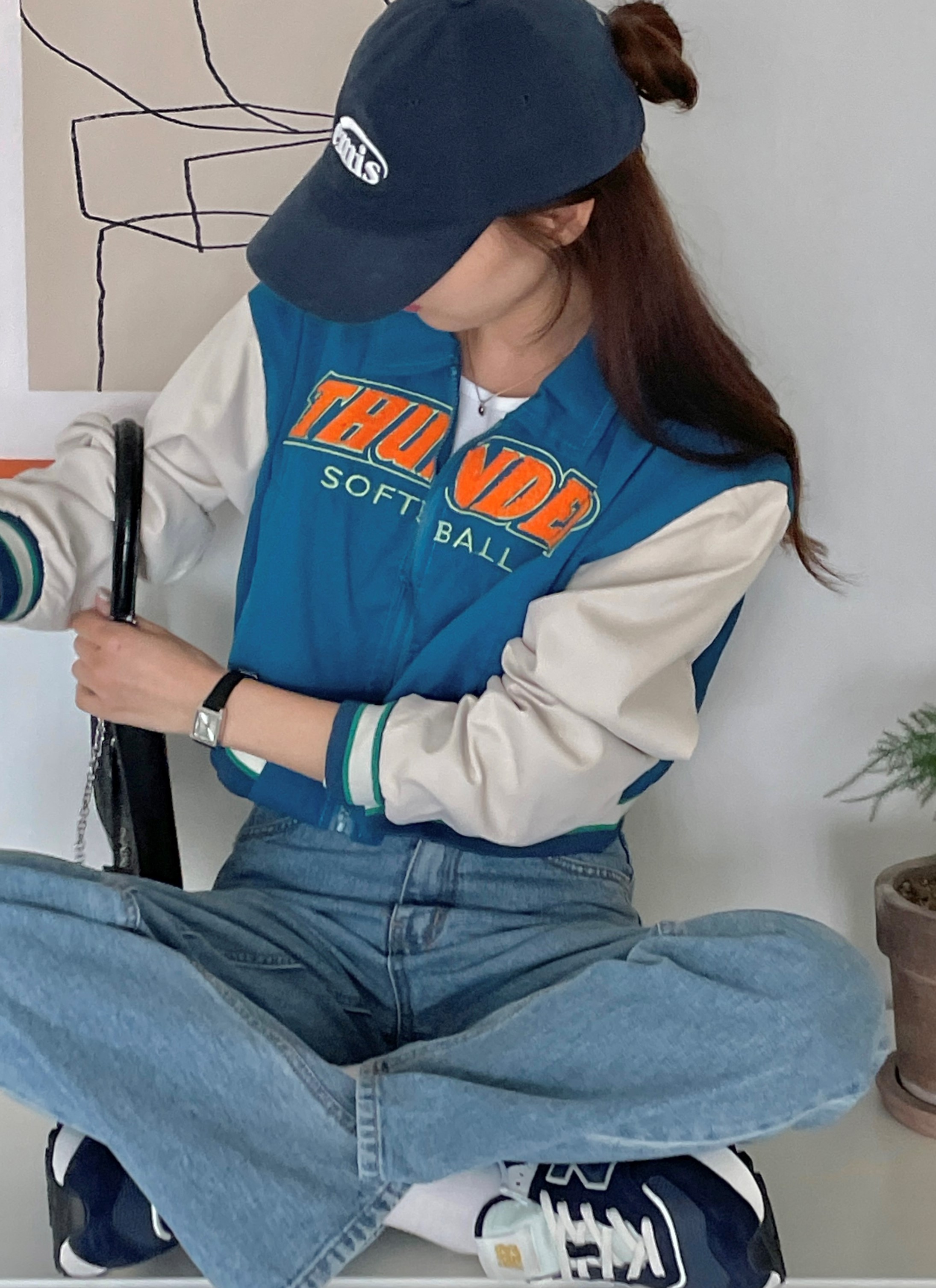 하프닌 자체제작made2colors 썬더 레터링 배색 카라 지퍼 크롭 데일리 캐주얼 꾸안꾸 야구점퍼 아우터 놈코어 긴팔 야구 자켓