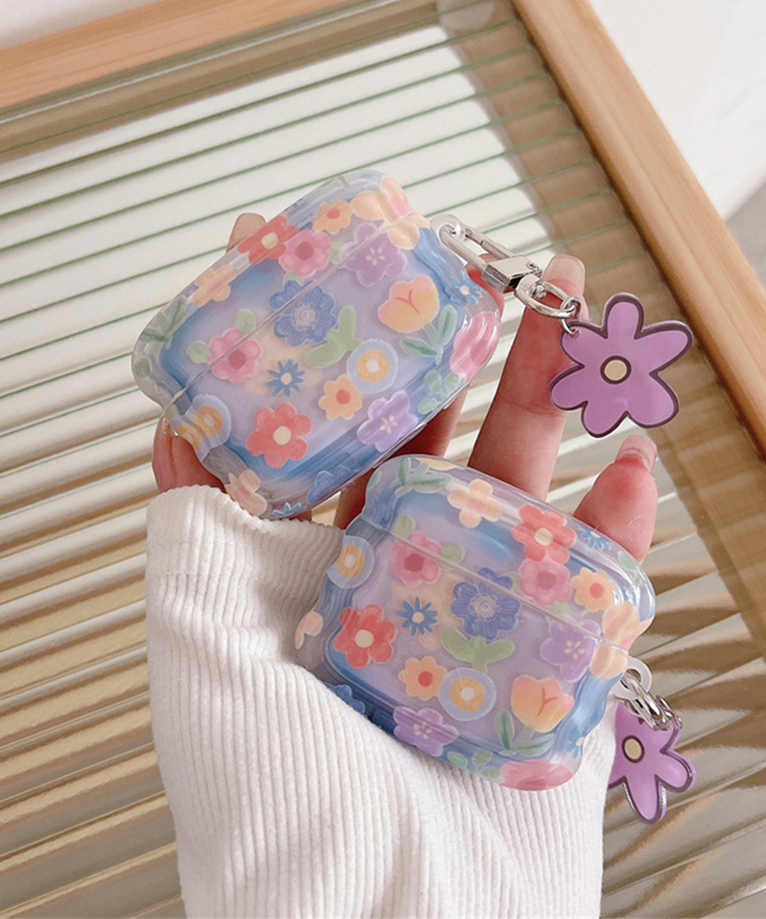 핑크리어카 에어팟 보라 퍼플 플라워 투명 키링 실리콘 레트로 특이한 유니크 키치 하이틴 귀여운 심플 꽃 친구 생일 선물 커플 우정 애플 이어폰 케이스 에어팟케이스 1세대 2