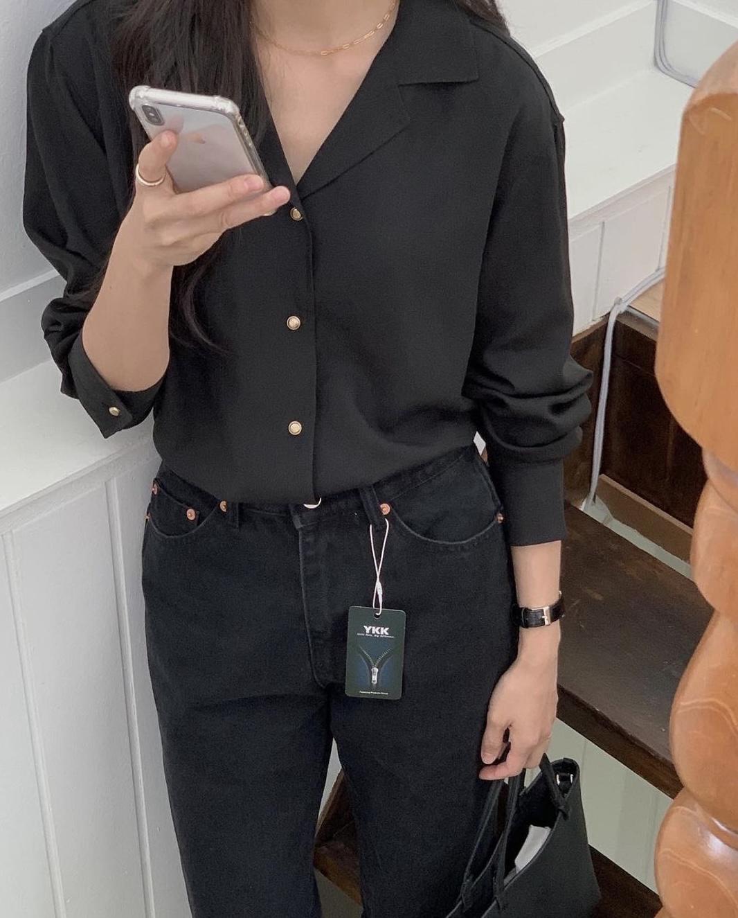 나우어데이즈 feb11 페브러리 골드버튼 블라우스 긴팔 오픈카라 실키 bl (3col)