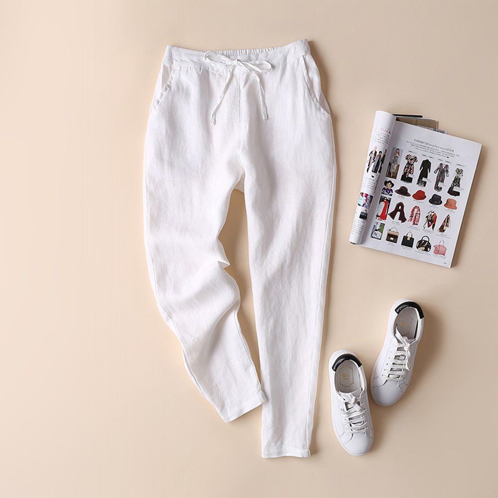 셀럽하우스 쿨 스타일리시한 밴딩 린넨 팬츠 여성 핏 화이트 여름 배기 바지