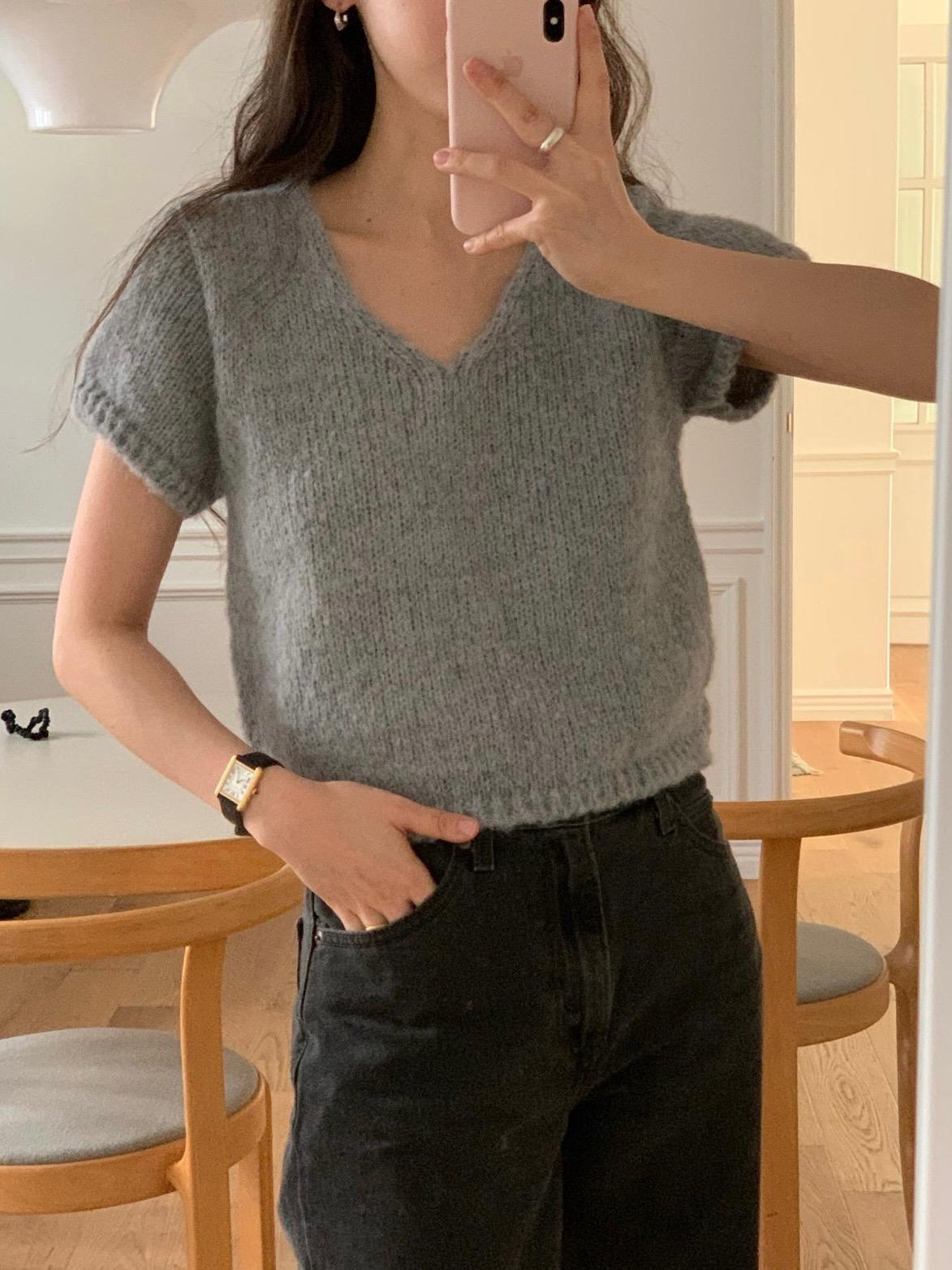 fllanel 플라넬 퍼지 하프 니트 울 반팔 브이넥 nt (2col)