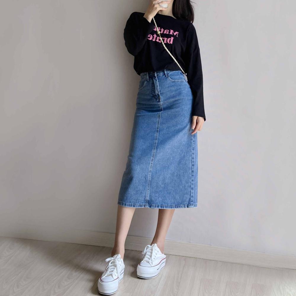 로이스제이 2color 탄탄하게 몸을 감싸주는 데님 롱 스커트 뒷트임으로 활동성을 높였어요~ H라인 치마 여성스럽고 베이직 기본 군더더기 없는 심플한 스타일