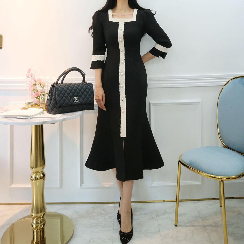 트위드 스퀘어넥 배색 골드라인 진주 버튼 머메이드 미디 롱 원피스블랙우아한 결혼식하객 돌잔치 셀프웨딩 브라이덜샤워 2부드레스 예복 상견례 연말 기념일 여성정장