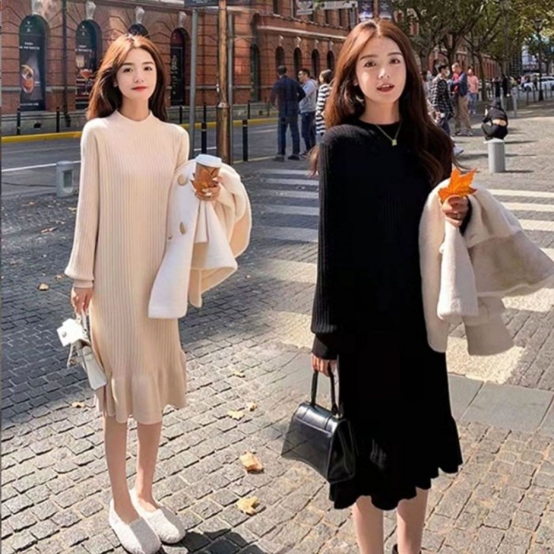 당일 출고 로맨틱 밑단 웨이브 골지 니트 원피스 치마 롱원피스 가을 겨울 긴팔 여성 돌잔치엄마 데일리 보온 방 Up