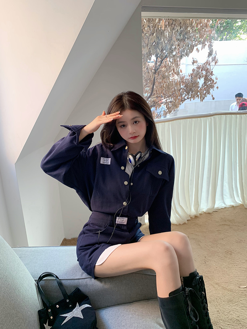 하프닌 세트구성 세이크 네이비 카라 버튼 롤업 긴팔 롱 셔츠 하이웨스트 패치 A라인 반바지 쇼트 팬츠 아메카지 작업복 투피스 Set