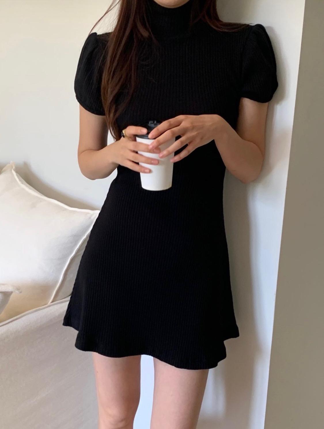 founders 파운더스 릴리벳 드레스 반팔 터틀넥 A라인 골지 미니 원피스 (2col)