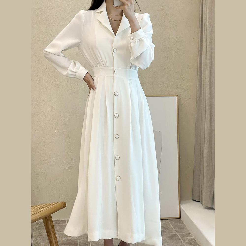 헤이올라 카라 자켓 A라인 버튼 플레어 롱원피스아이보리 블랙 우아한 화사한 고급스러운 결혼식하객 하객룩 돌잔치엄마 셀프웨딩 상견례 오피스 데이트 아나운서룩 여성정장