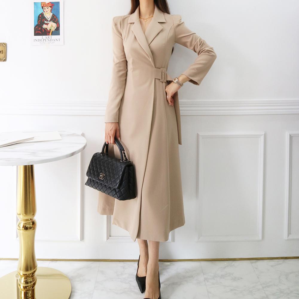 헤이올라 카라 자켓 A라인 버클 벨티드 주름 플레어 랩스타일 롱 원피스베이지 블랙우아한 고급스러운 결혼식하객 돌잔치 상견례 모임룩 비서 오피스 여성정장 벨트 맥시