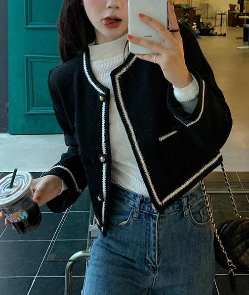 하프닌 드윈 블랙 라인 배색 트위드 페미닌 라운드넥 버튼 러블리 포켓 소개팅룩 데이트룩 데일리 긴팔 숏 자켓