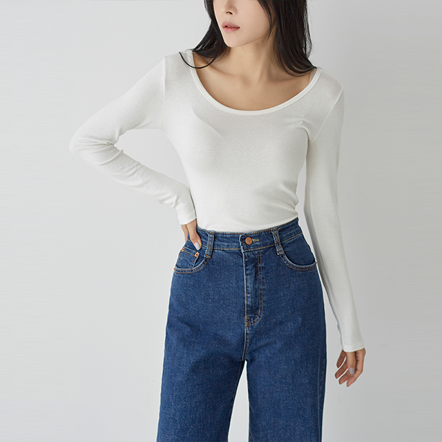 리틀마켓 베이직 슬림 유넥 골지 이너 긴팔 티셔츠 Ti56b2 티 기본 쭉 U넥 무지 스판 레이온 부드러운 그레이 베이지 블랙 카키 출근 하객 데이트 봄 가을 간절기 룩