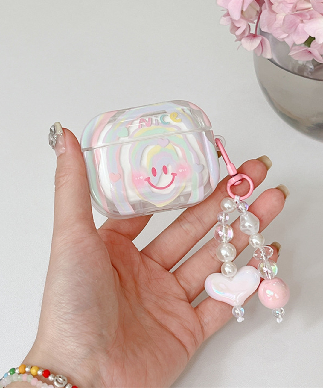 핑크리어카 에어팟 나이스 파스텔 스마일 투명 핑크 하트 진주 키링 실리콘 특이한 유니크 키치 하이틴 귀여운 심플 커플 우정 이어폰 애플 케이스 에어팟케이스 1세대 2세대