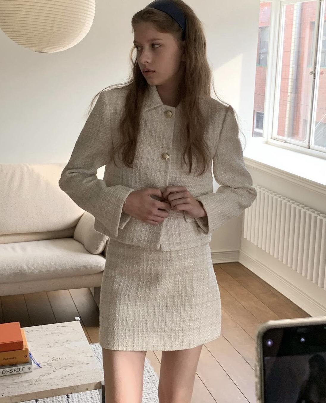 당일 / riette 리에뜨 베이 트위드 자켓 카라 싱글 숏 jk 스커트 세트가능 (2col)