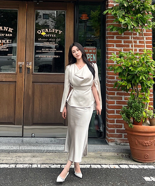 (3col/set) 올드머니룩 실크 케이프 블라우스 머메이드 투피스 세트 S0019