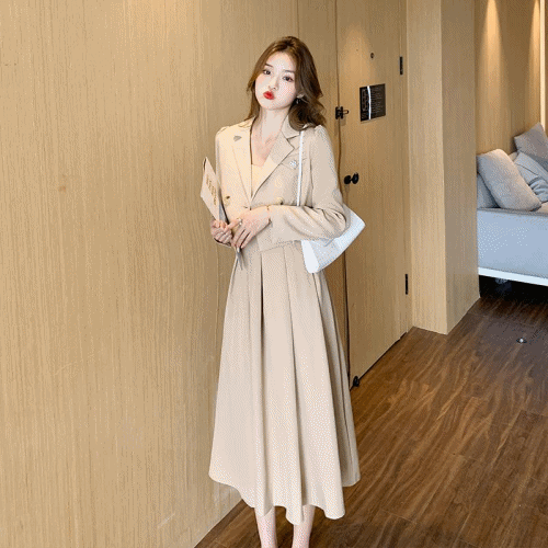 제이리본 정장 원피스세트테일러드 저카라 투버튼 크롭 자켓플리츠 A라인 주름 롱 민소매 뷔스티에 서스펜더 원피스 드레스 수트결혼식 하객룩 모임룩 상견례룩 오피스 출근룩