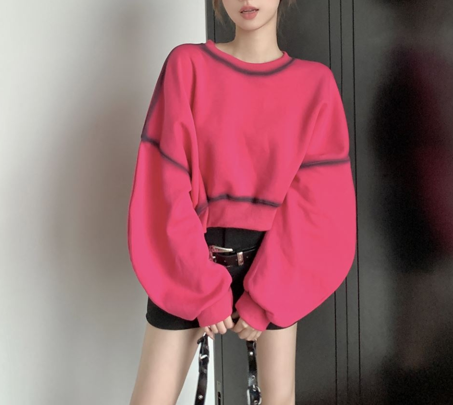 린다걸 라운드넥 배색 라인 디테일 루즈핏 크롭 맨투맨 티셔츠 러블리 캐주얼 데일리 데이트 여성 기본 편한 얇은 귀여운 맨투맨