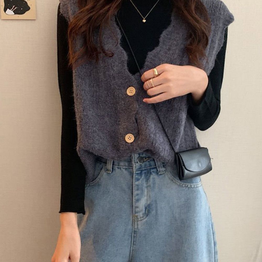 다온이상점 여성조끼 에스닉조끼 브이넥조끼 레이어드조끼 여성 딥한 브이넥 셔링 디테일 데일리 니트 조끼 니트조끼