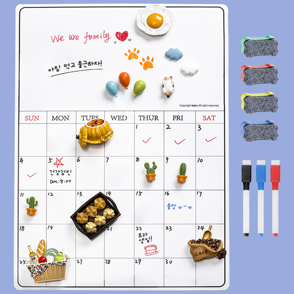 베이루 📆월간스케줄러⭐풀세트⭐ 붙이는 자석 화이트보드 보드마카 3색 지우개 세트 칠판 메모 달력 접착형 보드판 고무 스케줄 월간계획표 다꾸 이유식 식단표 달력 다이어리 캘린더