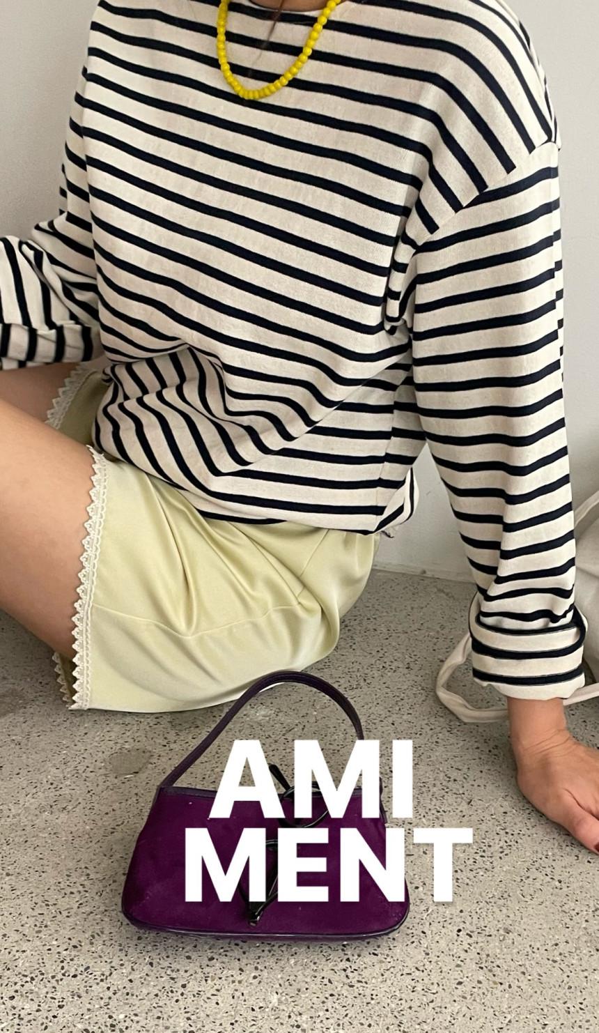 아미먼트 런치 스트라이프 티셔츠 라운드 단가라 긴팔티 2color 24SS