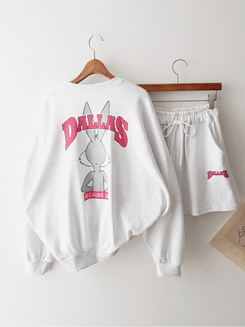 리케마켓 귀여워! Dallas SET/ 귀여운 토끼 프린트 루즈핏 맨투맨 티셔츠 밴딩 반바지 숏팬츠 데일리 꾸안꾸 홈웨어 투피스 ...