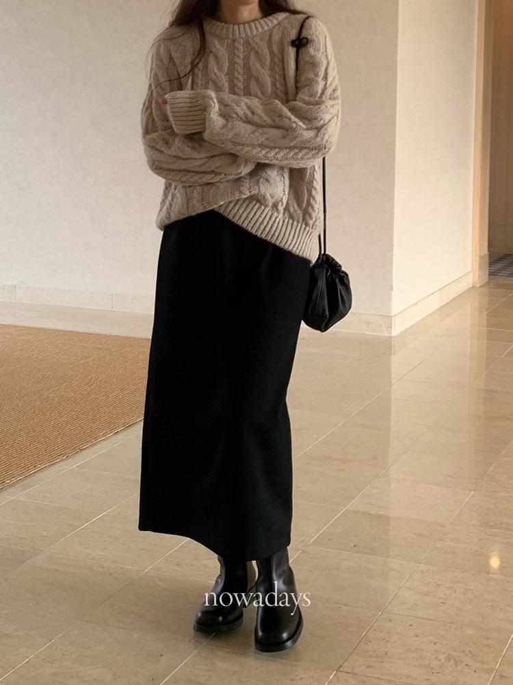 나우어데이즈 fllanel 플라넬 울 밴딩 스커트 코튼 A라인 플레어 롱 치마 (2col)