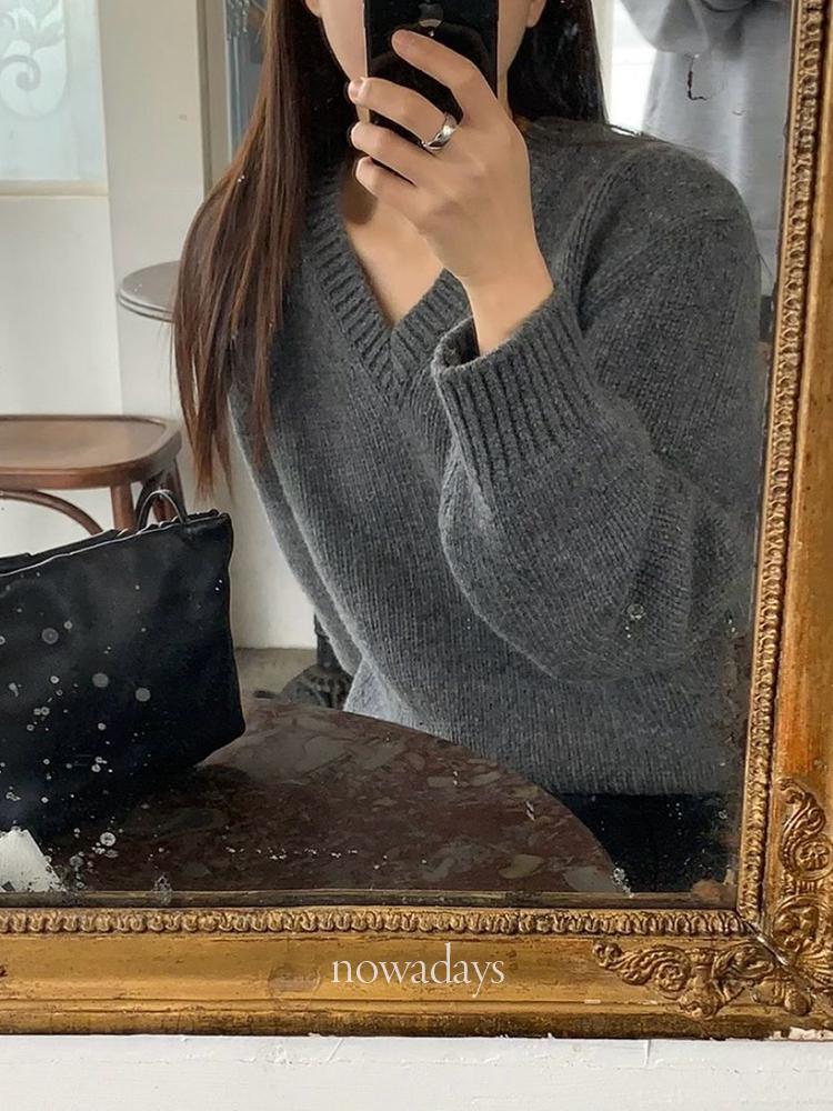 나우어데이즈 monique 모니크 볼드 브이넥 니트 데일리 긴팔 베이직 울 nt (3col)