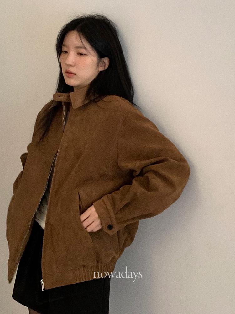 나우어데이즈 haus 하우스 스웨이드 베이포트 자켓 가죽 긴팔 카라 레더 집업 (2col)