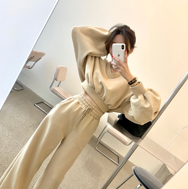 데이달링 고퀄특가 기모 트레이닝 세트투피스브이넥와이드추리링셋업하이웨스트아방핏기모세트루즈핏크롭티맨투맨고무줄바지밴딩팬츠바지코디세트겨울기모