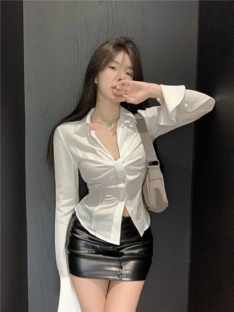 유투미월드 ♥당일 출고♥ 여성용 슬림 폴드 셔츠 시크한 가을 겨울 패션 핫스위트 올매치 플레어 슬리브 프랑스 캐주얼 상의 하라주쿠 섹시 블라우스 레이디