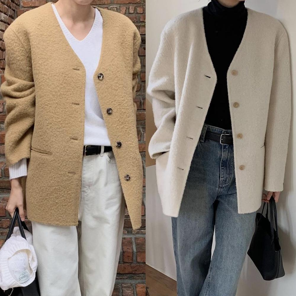 미멀 페브러리 feb11 루이스 핸드메이드 자켓 (3col) 노카라 알파카코트 울자켓 브이넥