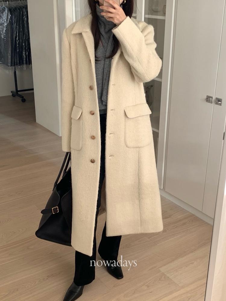 나우어데이즈 founders 파운더스 50' 요크 알파카 코트 울 카라 A라인 싱글 롱 (2col)