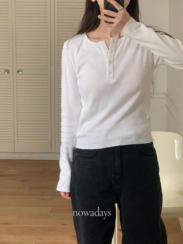 나우어데이즈 fllanel 플라넬 피치 버튼 티셔츠 코튼 긴팔 라운드 이너 단추 t (3col)