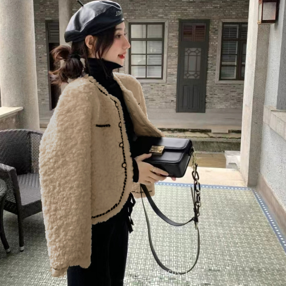 메가플레이스 뽀글이 양털 후리스 밍크퍼 숏자켓 가을겨울 간절기 털자켓 노카라 배색 트위드 크롭자켓 플리스 퍼자켓 하객룩 데이트룩 출근룩 러블리룩 여친룩