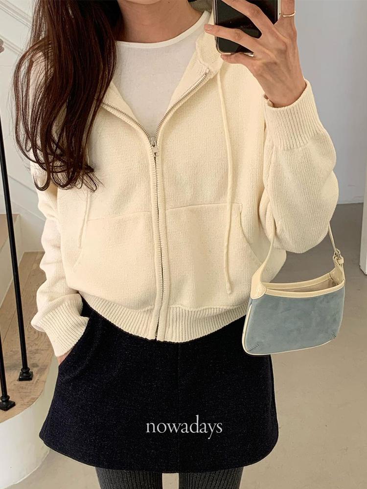 나우어데이즈 riette 리에뜨 로드 니트 집업 긴팔 스트링 후드 nt (2col)