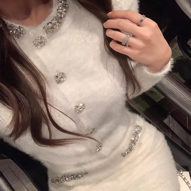 샤인글램 당일출고set 라운드넥 큐빅 앙고라 모헤어 울 부클 크롭 트위드 니트 가디건 스웨터 자켓 밴딩 미니 숏 스커트 치마 투피스 세트 연말룩 파티룩