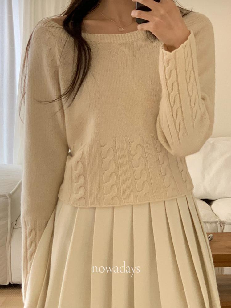 나우어데이즈 miel 미엘 엘라 울 니트 케이블 긴팔 보트넥 꽈배기 페미닌 nt (4col)